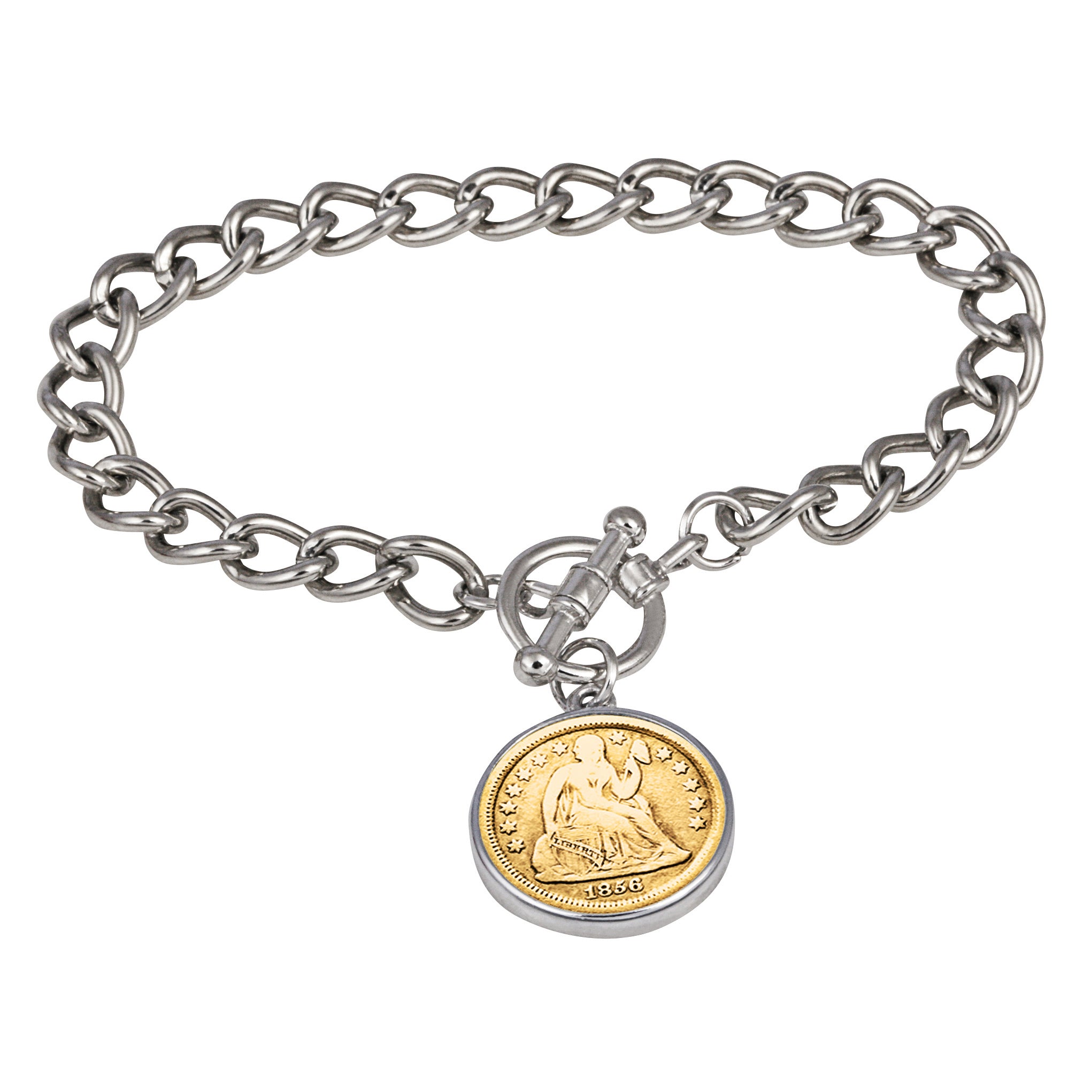 24KT Gold Plated Silver Seated Liberty Dime Silvertone Coin Toggle Bra ...