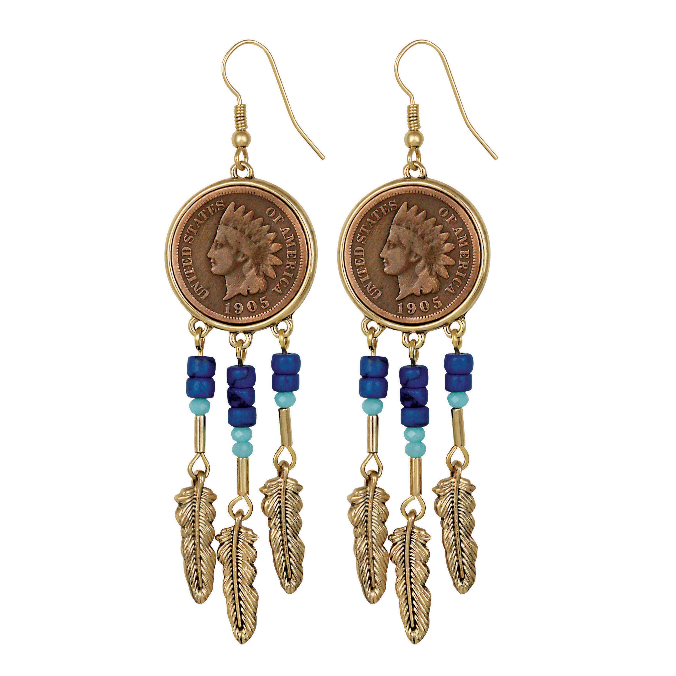 Indian Penny One Cent Coin Lapis Glass Beaded Feather Fish Hook Earrin ...