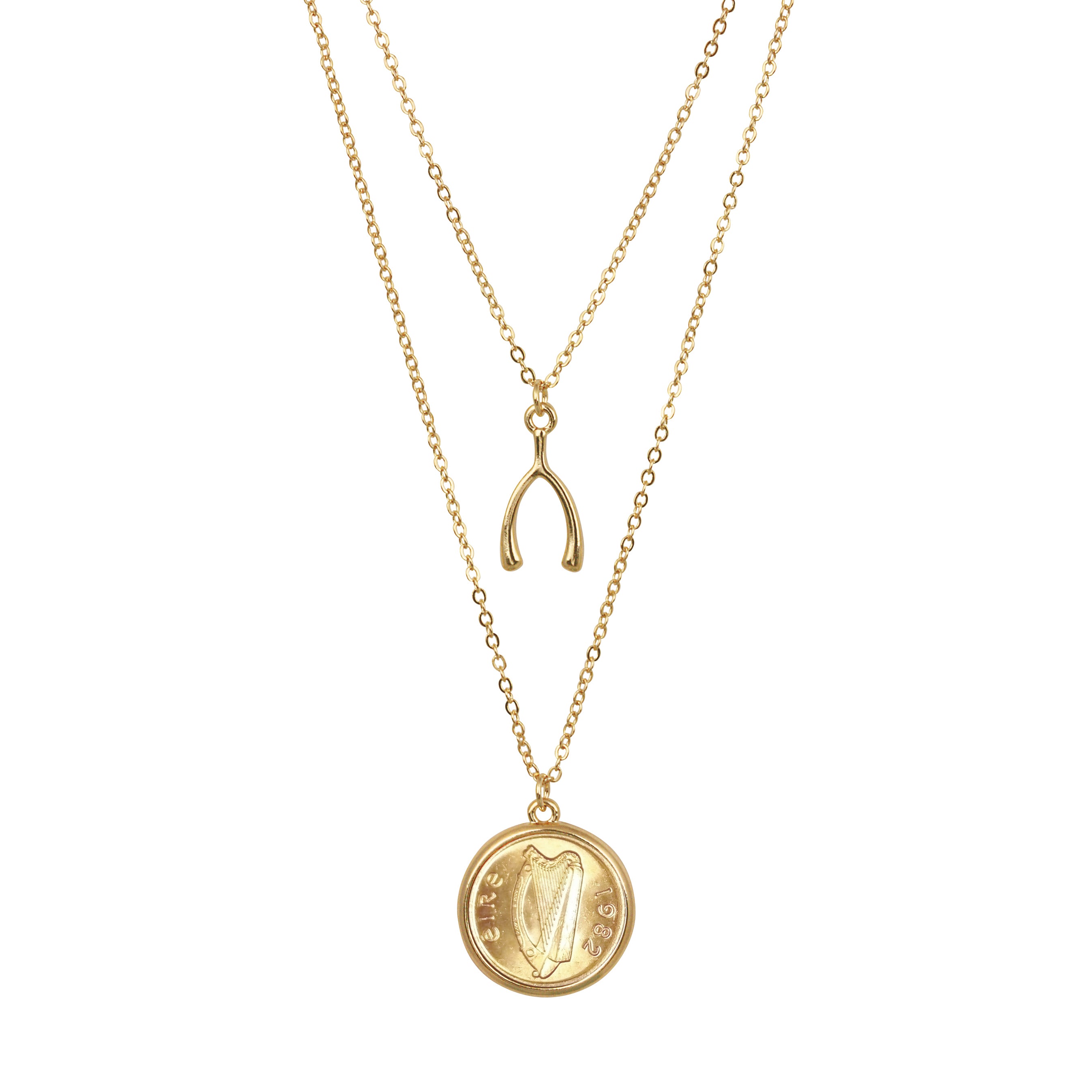 Gold Layered Irish Half Penny Harp Wishbone Double Chain Necklace – The ...